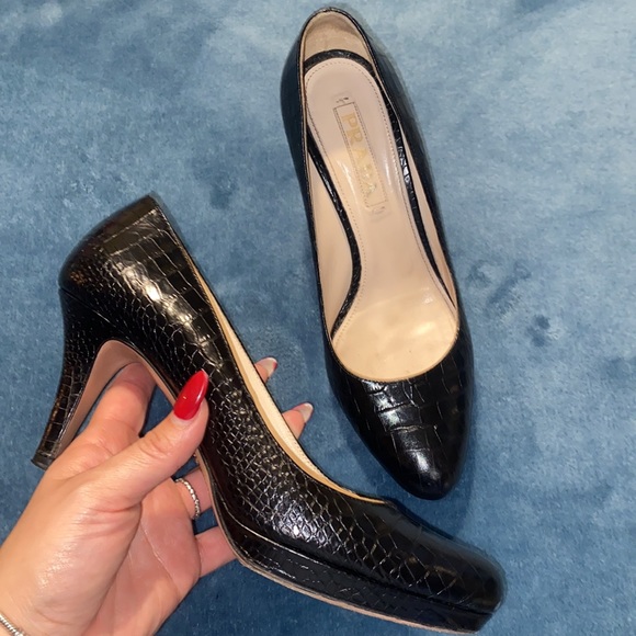 Prada | Shoes | Prada Croc Embossed Black 3 Heels | Poshmark